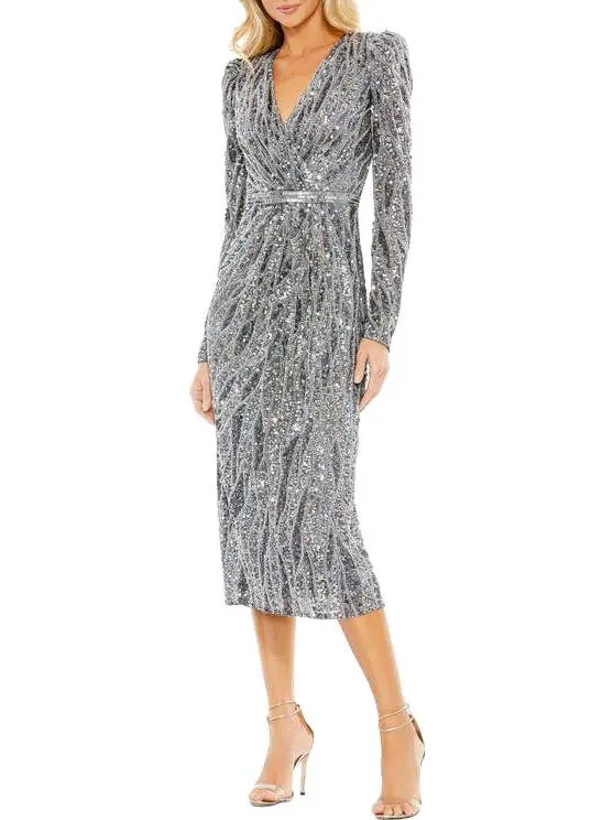 Mac Duggal Long Sleeve Beaded Cocktail Dress - Charcoal