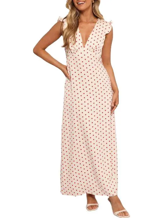 PETAL & PUP Cap Sleeve Polka Dot Empire Waist Maxi Dress - Red Polka Dot