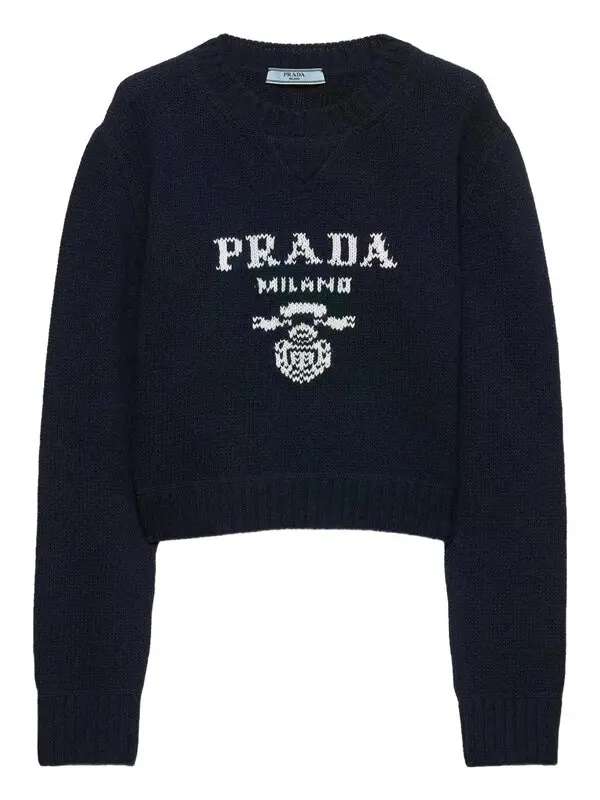 Prada Intarsia-logo Ribbed-knit Sweater - Blue
