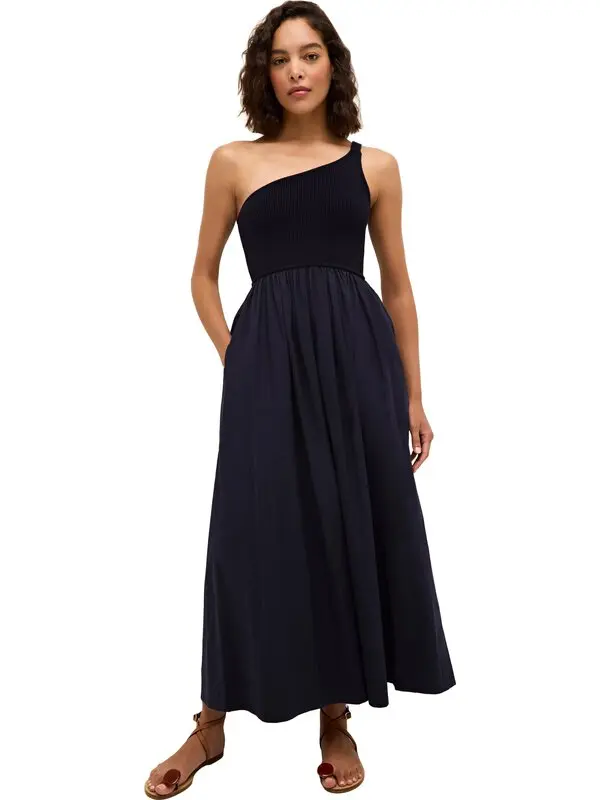 MARIE OLIVER Tobie One-shoulder Ribbed Knit And Cotton Poplin Dress - Navy