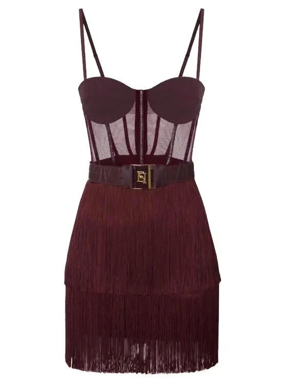 Elisabetta Franchi Tulle Mini Dress With Fringes - Vino