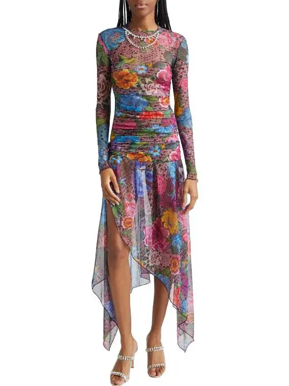 AREA Crystal Embellished Floral Tulle Midi Dress - Pink Multi