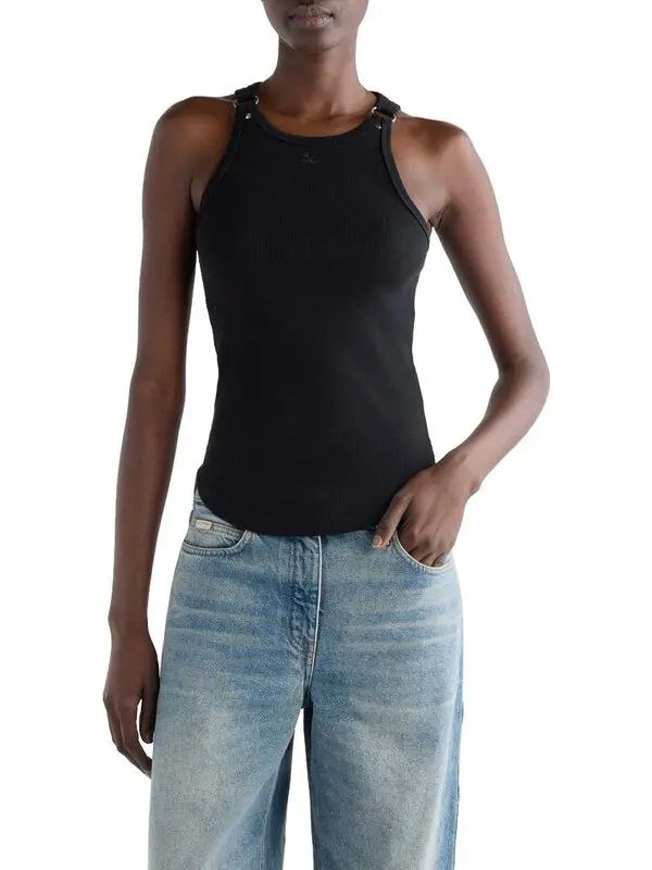COURREGES Buckle Detail Stretch Cotton Rib Tank - Black