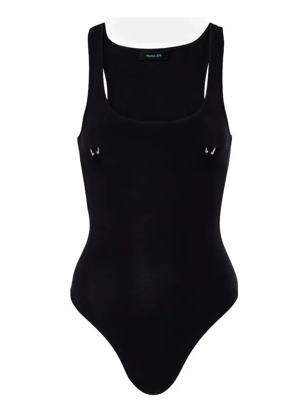 MUGLER Embellished Cotton-blend Bodysuit - Black