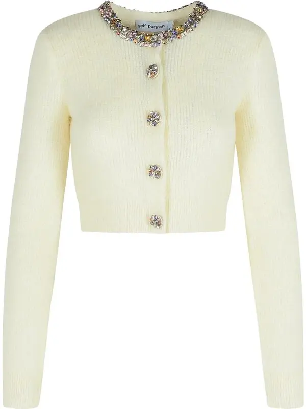 SELF-PORTRAIT Alpaca-blend Cardigan With Rhinestone Trim - Beige