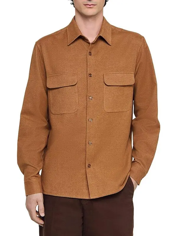 Sandro Relaxed Fit Flannel Overshirt - Camel