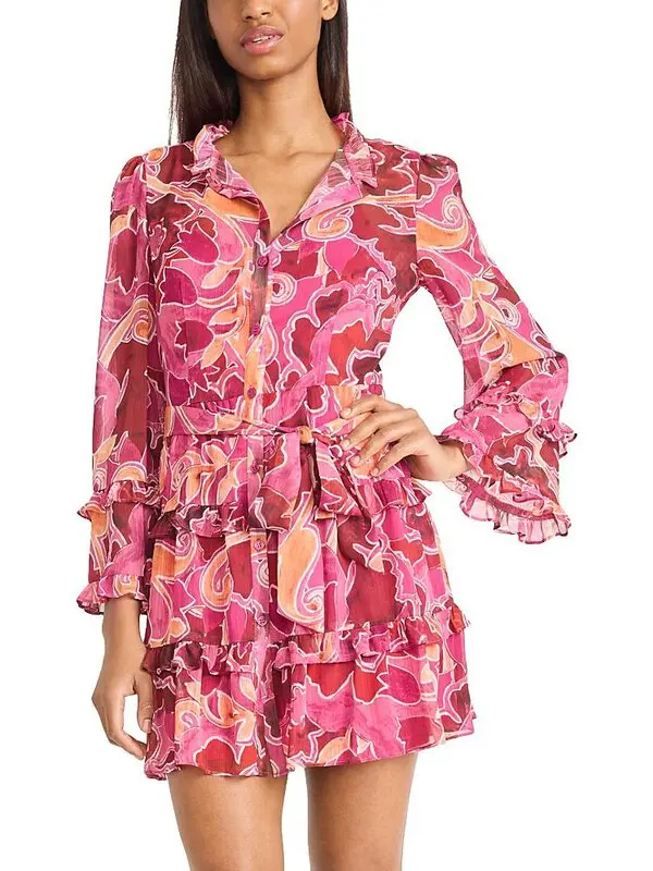 Maggy London Floral Ruffle Tiered Button Front Dress - Pink/ Red
