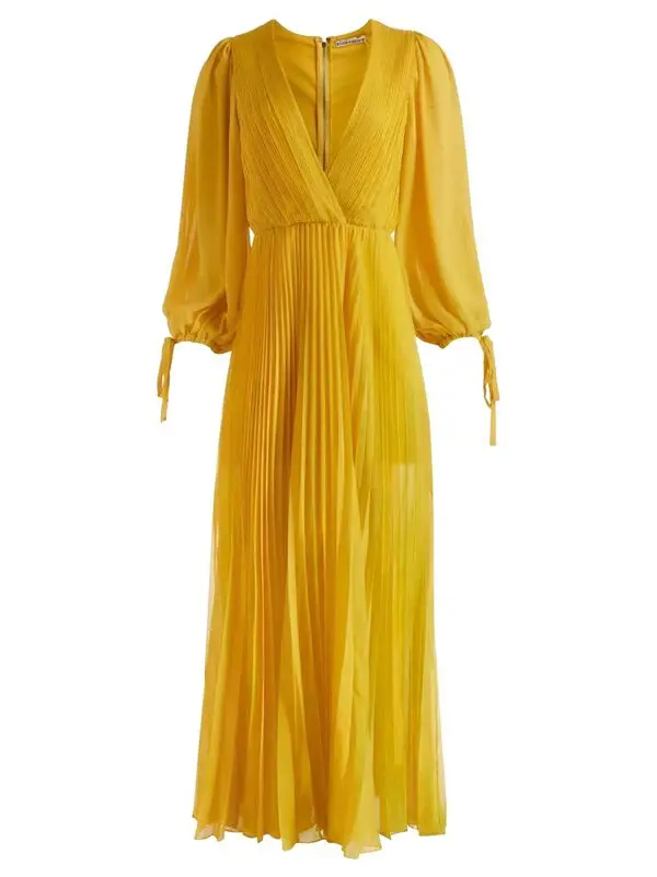 Alice + Olivia Nya Pleated V-neck Maxi Dress - Yellow