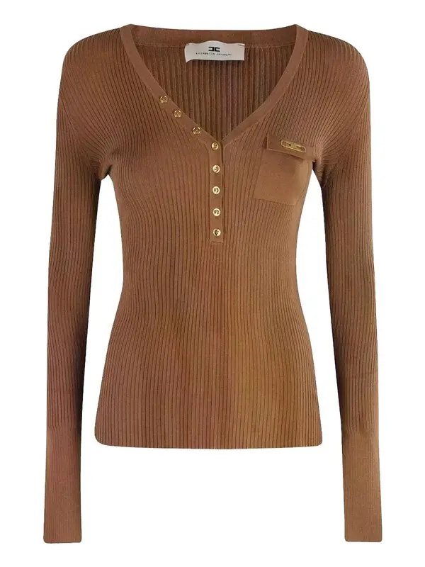 Elisabetta Franchi Ribbed Button-placket Top - Brown