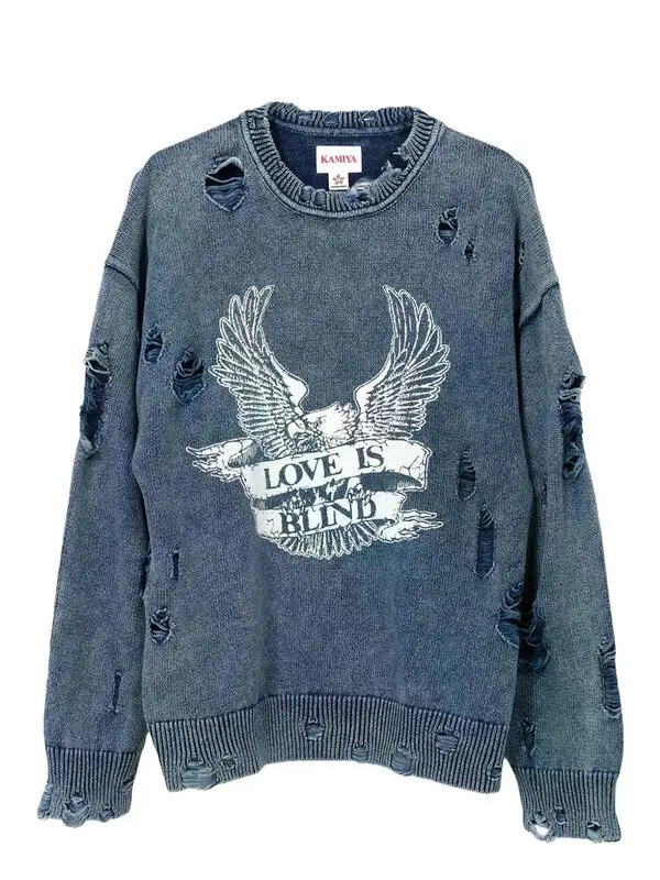 KAMIYA Eagle-print Distressed-knit Sweater - Blue