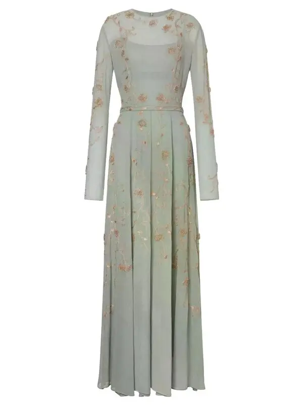 Alberta Ferretti Floral-embroidered Long Dress - Grey