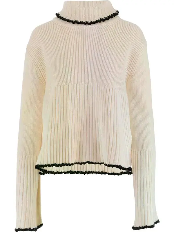 JIL SANDER Ribbed High-neck Ruffled Sweater - Neutrals