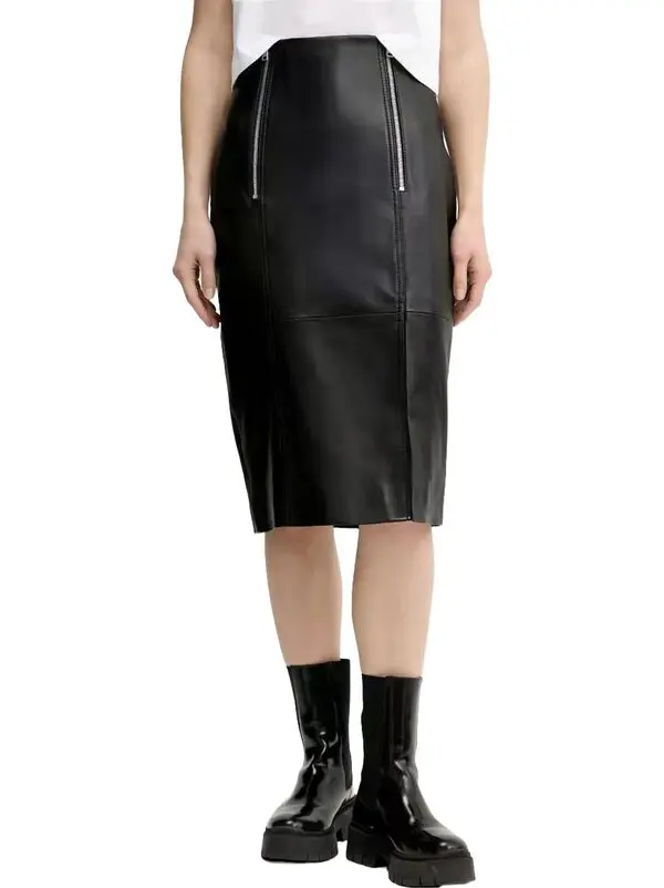 Hugo Leather Zip Detail Midi Skirt - Black