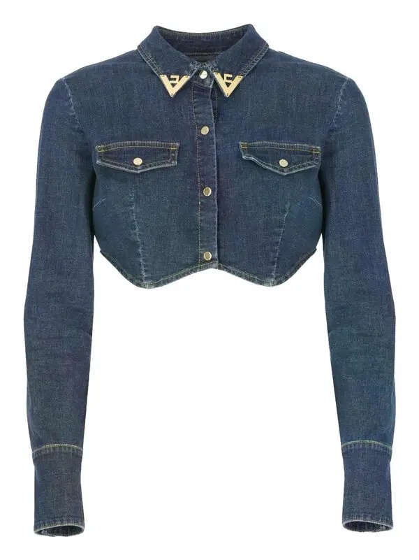 Elisabetta Franchi Cropped Denim Top With Gold-tone Collar - Blue