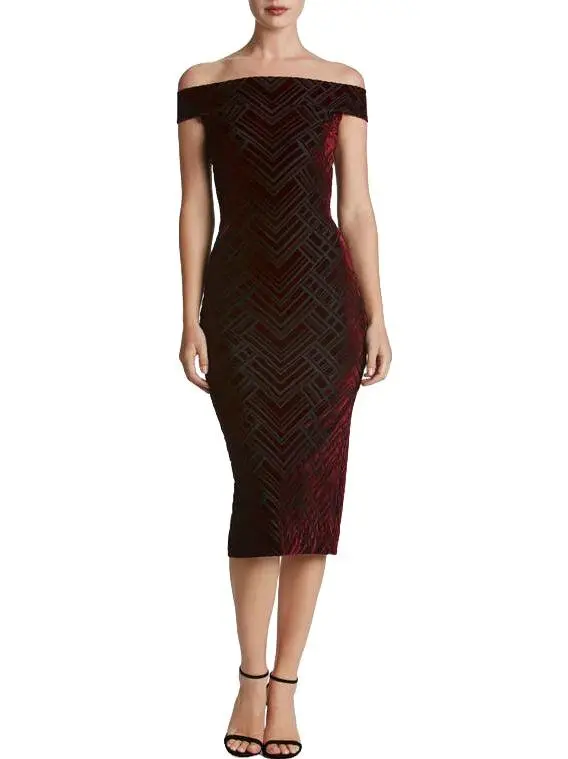 Dress The Population Eden Geo Print Velvet Off-the-shoulder Dress - Burgundy/black