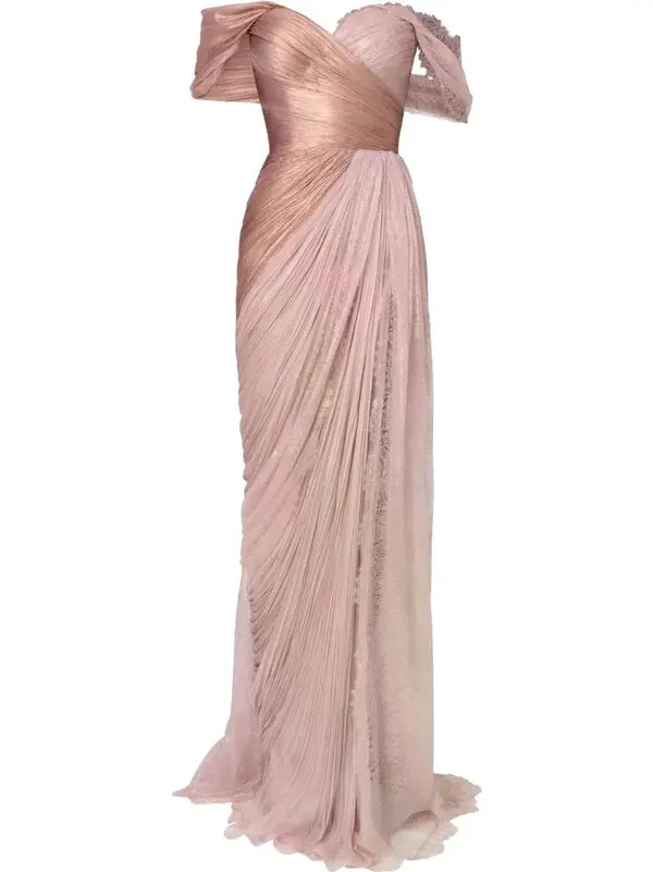 IRIS SERBAN Pleated Metallic Lace Maxi Dress - Neutrals