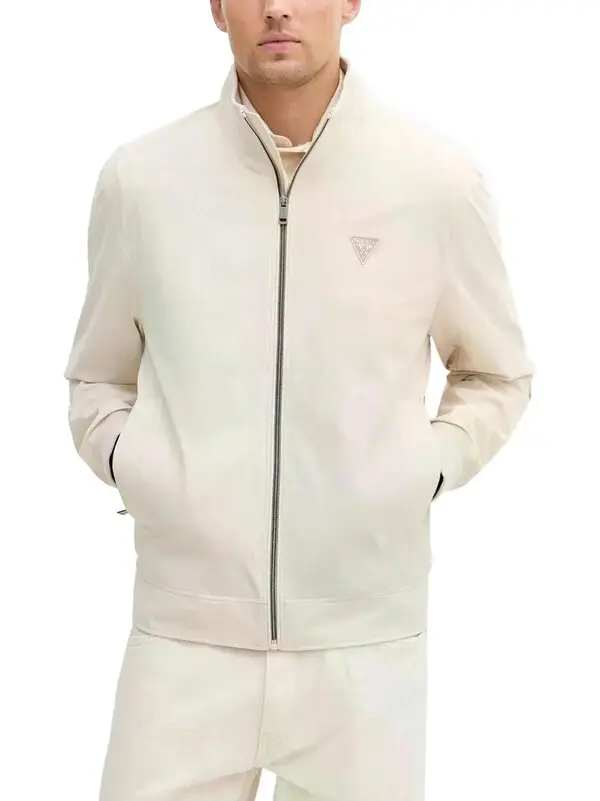 Guess Zip-front Jacket With Logo Plaque - Neutrals