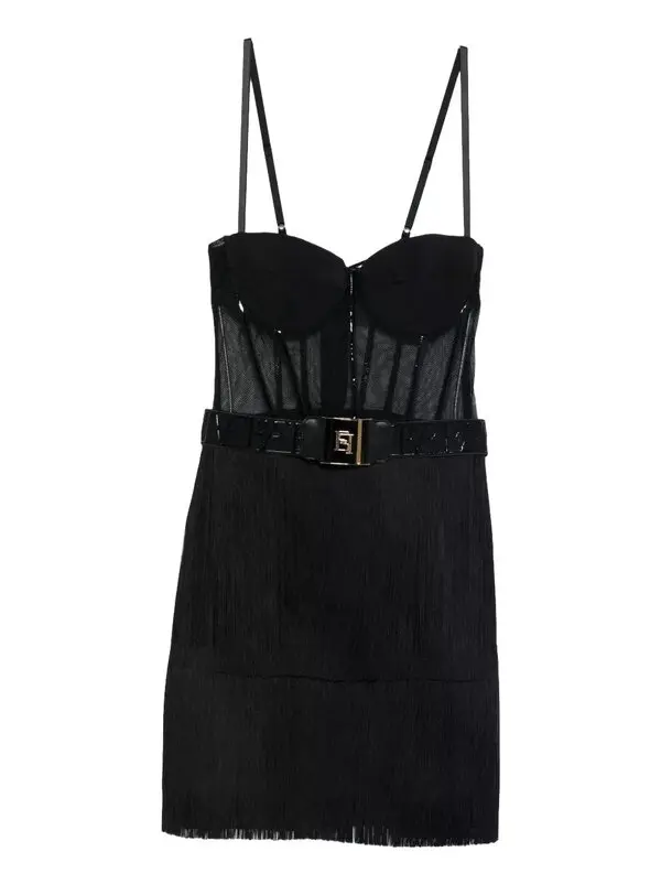 Elisabetta Franchi Tulle Mesh-panel Fringed Dress - Black