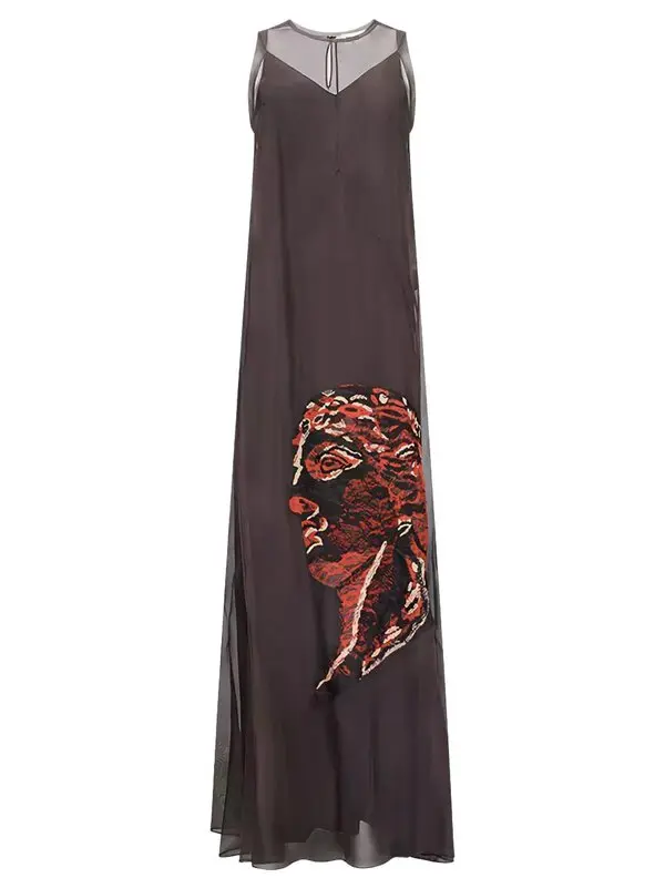 Fendi Embroidered Sheer Panel Maxi Dress - Brown