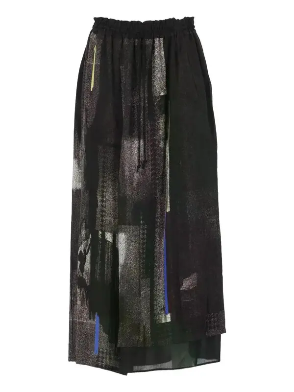 Y’s Abstract-print Draped Skirt - Black