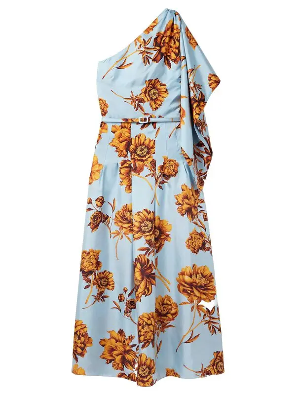 Oscar De La Renta One-shoulder Belted Draped Floral-print Silk-twill Midi Dress - Blue
