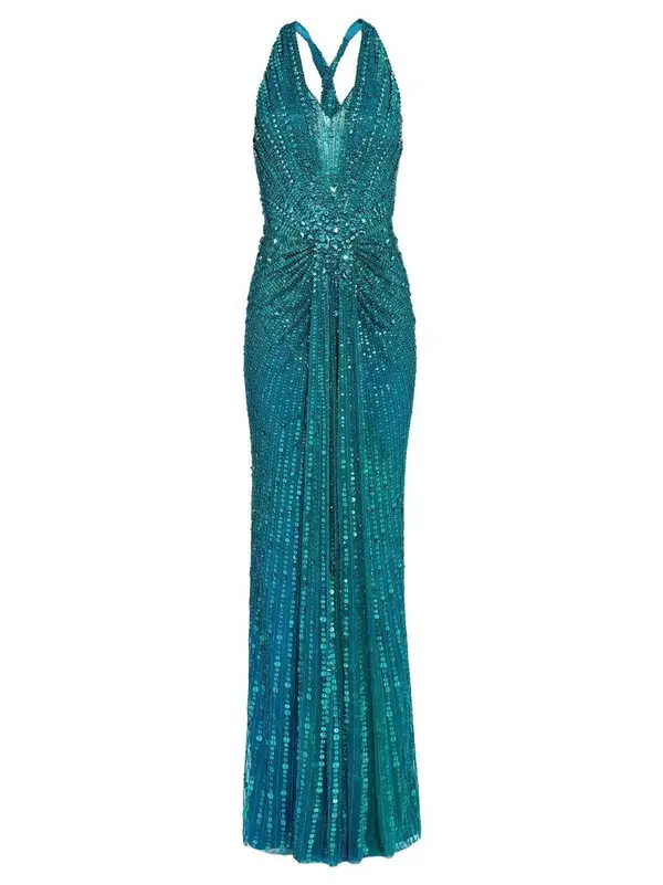 Jenny Packham Lana Embellished Halterneck Maxi Dress - Blue