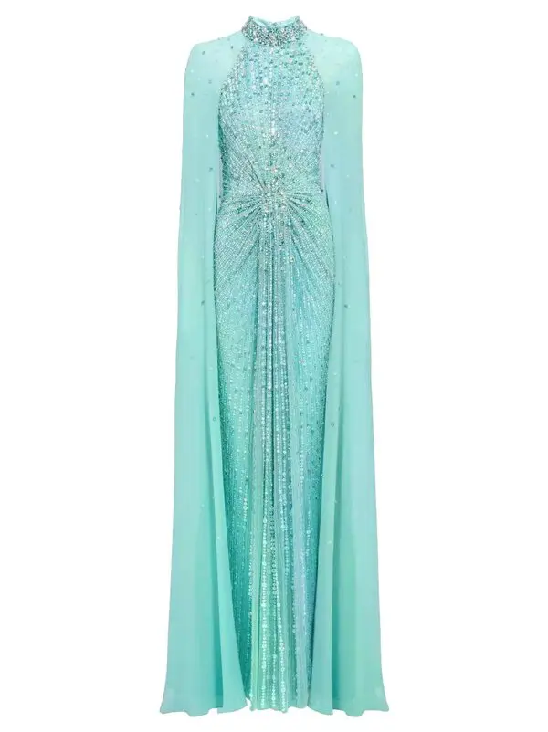 Jenny Packham Thea Embellished Cape Maxi Dress - Blue