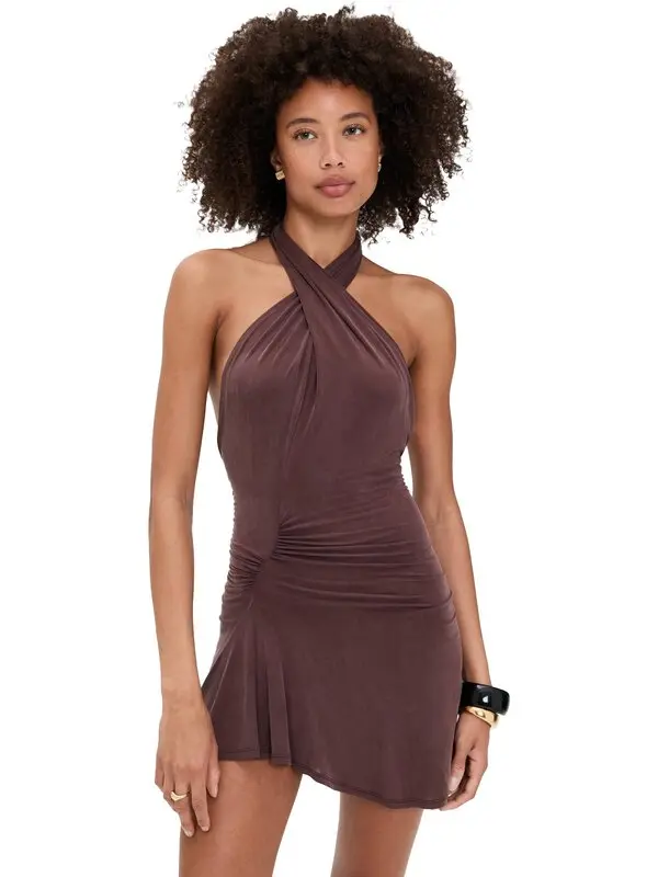 PEACHY DEN Kylie Halter Knot Mini Dress - Mahogany