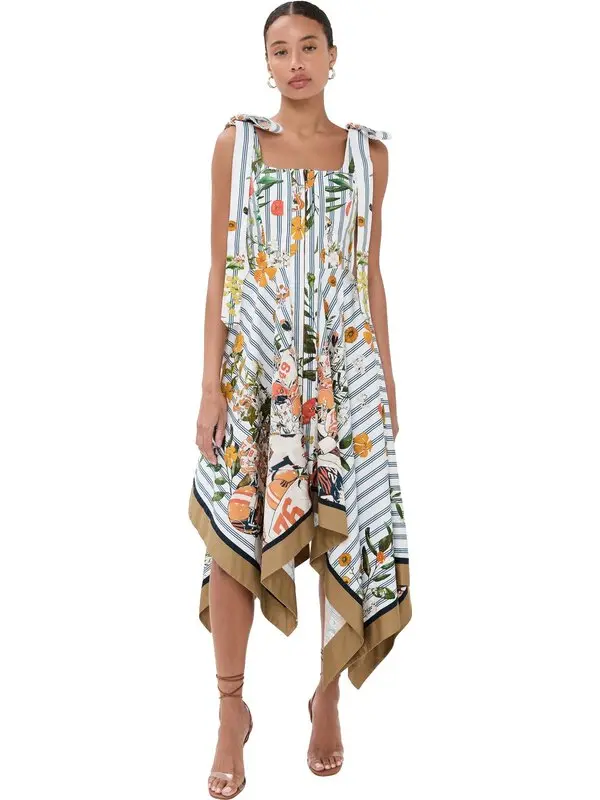 Monse Printed Midi Dress With Shoulder Ties - Ivory Multi