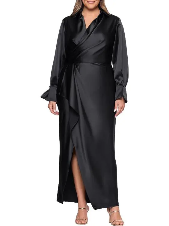 XSCAPE EVENINGS Collar Long Sleeve Satin Gown - Black