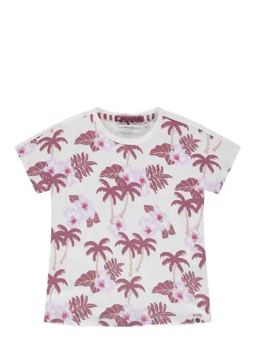 STAINS AND STORIES BY BABYFACE Tropical Print Short Sleeve T-shirt - Ivory/purple