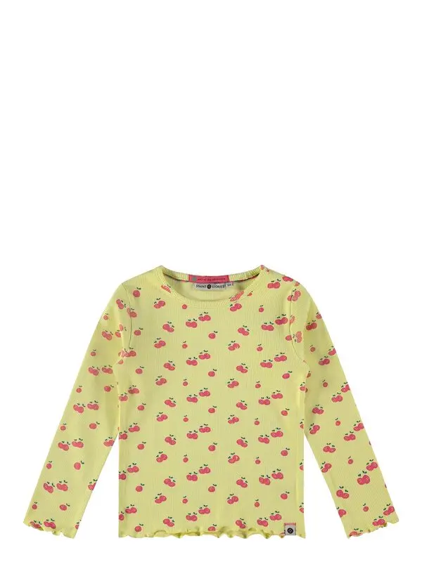 STAINS AND STORIES BY BABYFACE Allover Cherry Print Ribbed Long Sleeve Top - Yellow