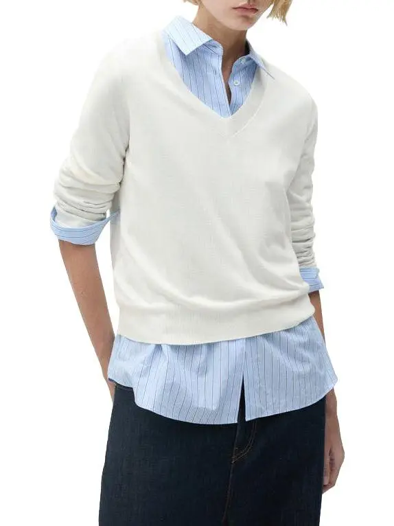 Mango V-neck Fine Knit Sweater - Ecru