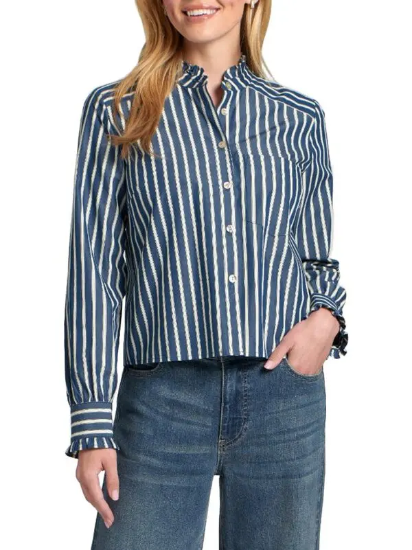 APNY Stripe Ruffle Trim Cotton Button-up Shirt - Navy/off White