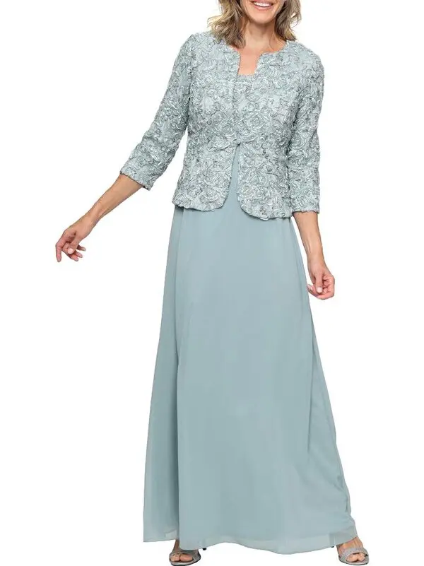 Alex Evenings Sequin Soutache Lace Empire Waist Chiffon Gown With Jacket - Ice Sage