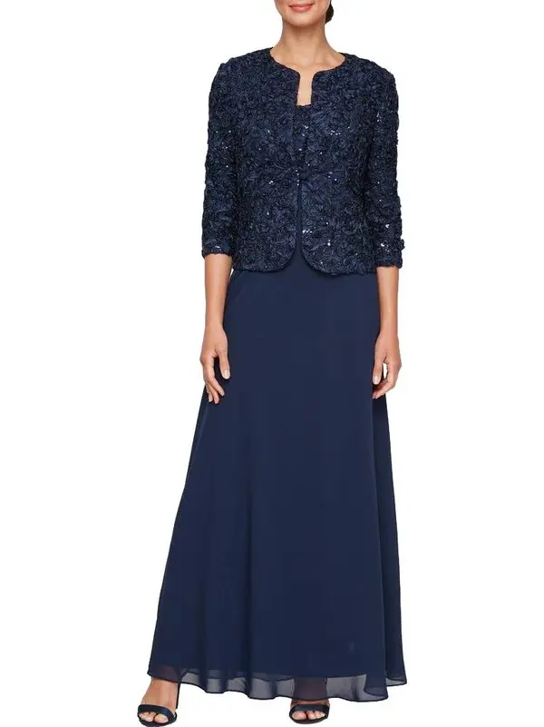 Alex Evenings Sequin Soutache Lace Empire Waist Chiffon Gown With Jacket - Navy