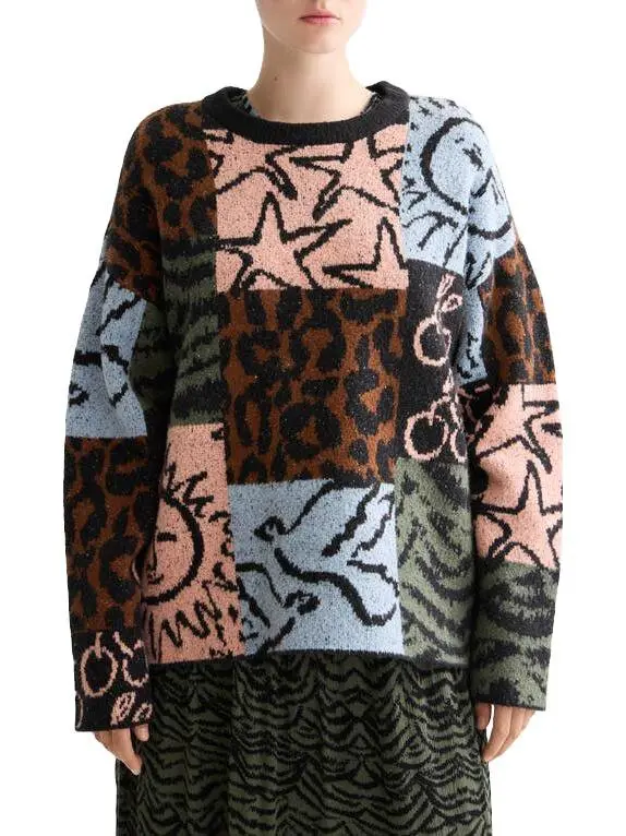 Scotch & Soda Oversize Jacquard Pullover Sweater - Leopard Patchwork Jacquard