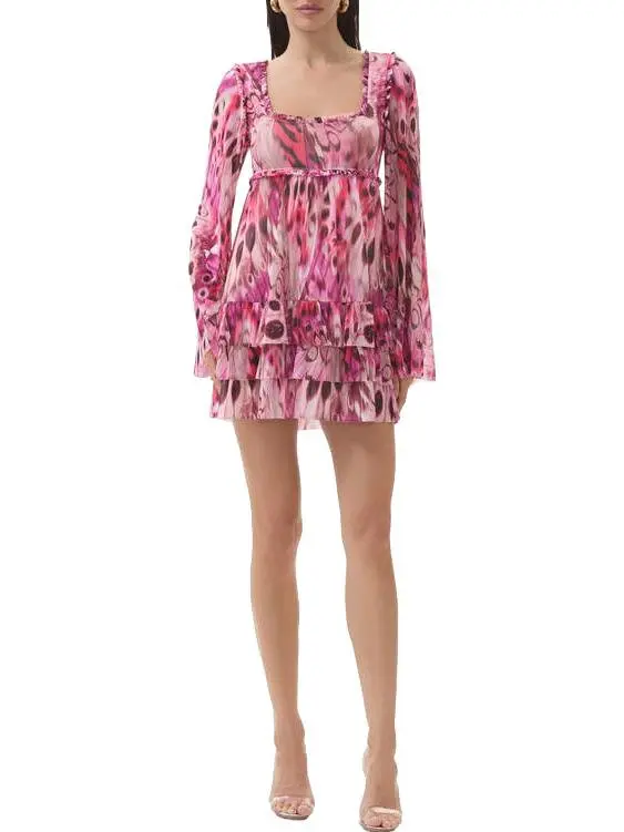 AFRM Madison Abstract Print Long Sleeve Tiered Mesh Mini Dress - Berry Butterfly