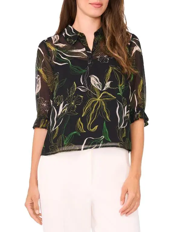 Halogen Ruffle Sleeve Printed Shirt - Rich Black Floral