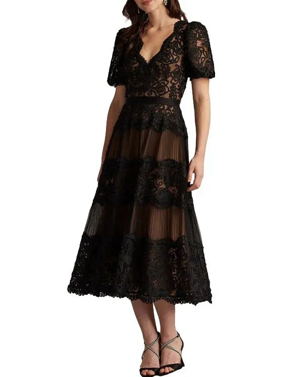 Tadashi Shoji Soutache Lace Fit & Flare Cocktail Dress - Black/nude