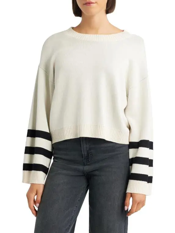 CITY BLUES Striped Sleeve Crop Sweater - Sand