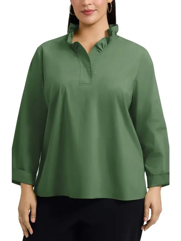 Foxcroft Tammy Ruffle Collar Cotton Blend Top - Basil