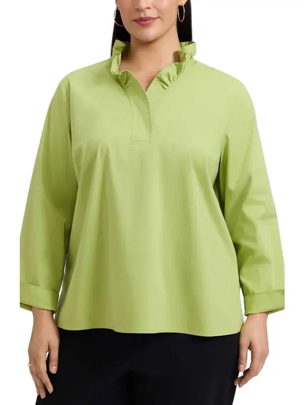 Foxcroft Tammy Ruffle Collar Cotton Blend Top - Celery