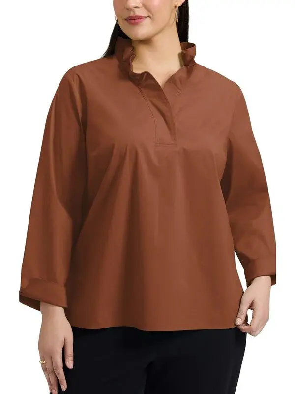 Foxcroft Tammy Ruffle Collar Cotton Blend Top - Macchiato