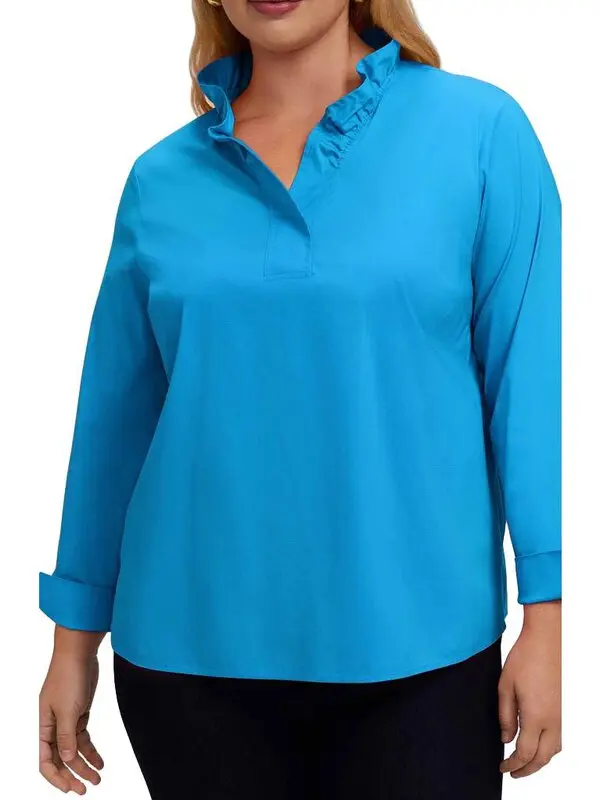 Foxcroft Tammy Ruffle Collar Cotton Blend Top - Malibu
