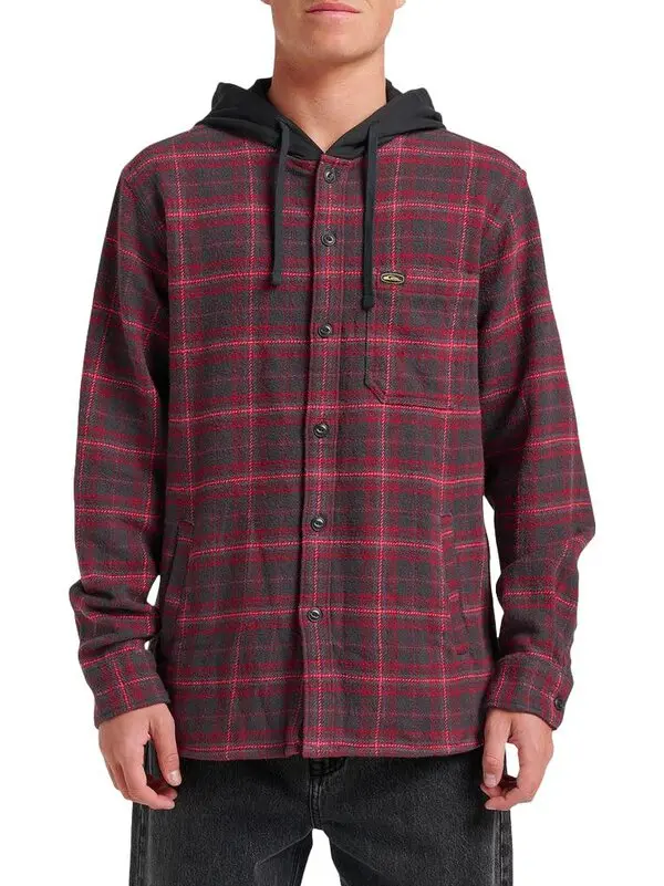 Quiksilver Sandbar Plaid Cotton Flannel Hooded Shirt - Black