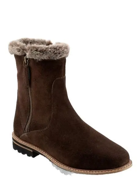 Trotters Faux Fur Trim Boots - Dark Brown Suede
