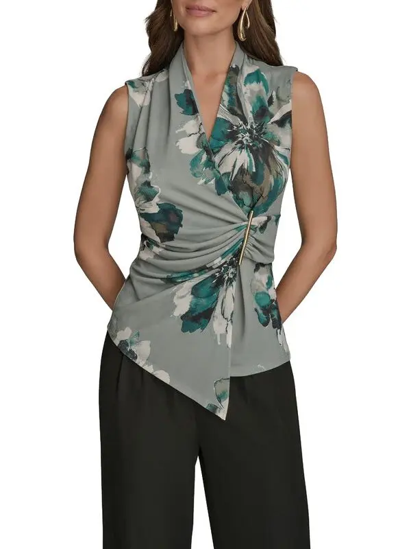 Donna Karan New York Floral Sleeveless Faux Wrap Top - Weathered Sage