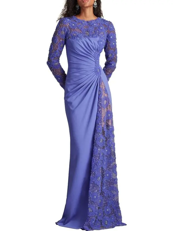 Tadashi Shoji Embellished Long Sleeve Evening Gown - Purple Haze