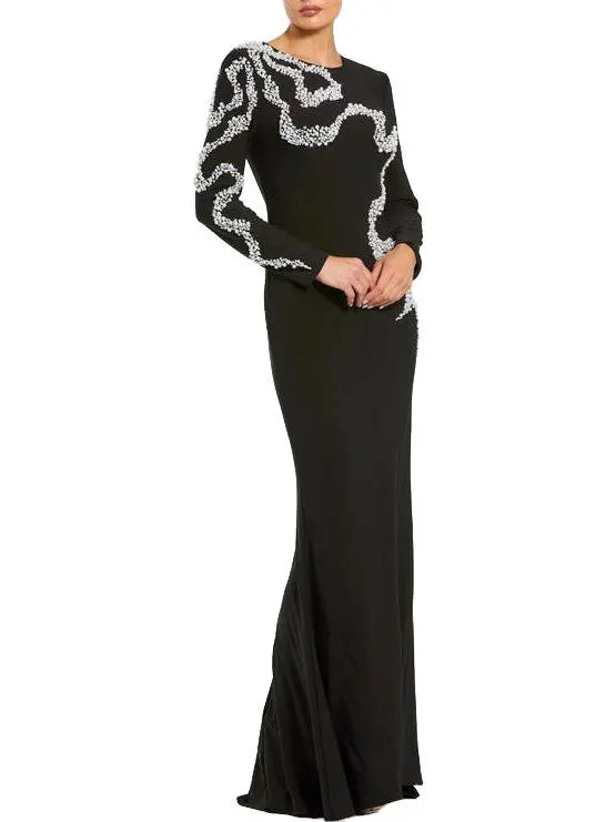 Mac Duggal Beaded Swirl Appliqué Gown - Black